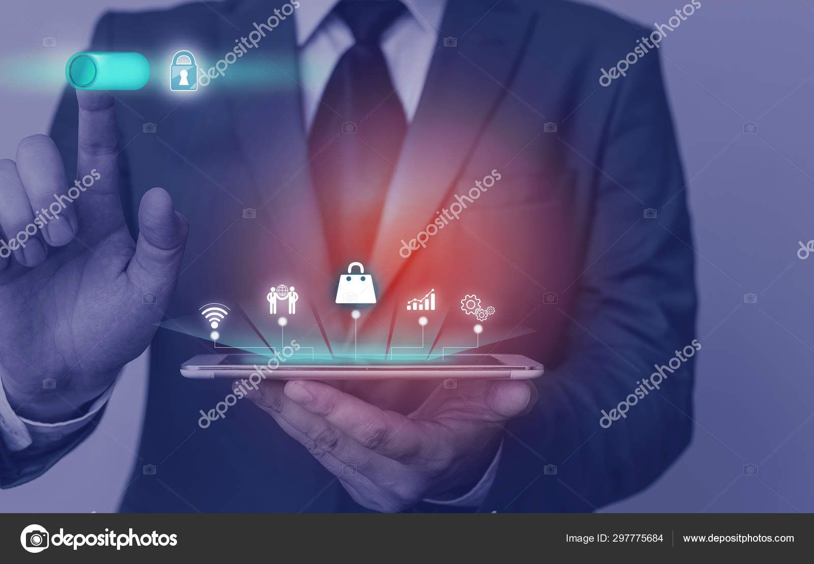 Male human presenting a presentation using the latest sophisticated ...