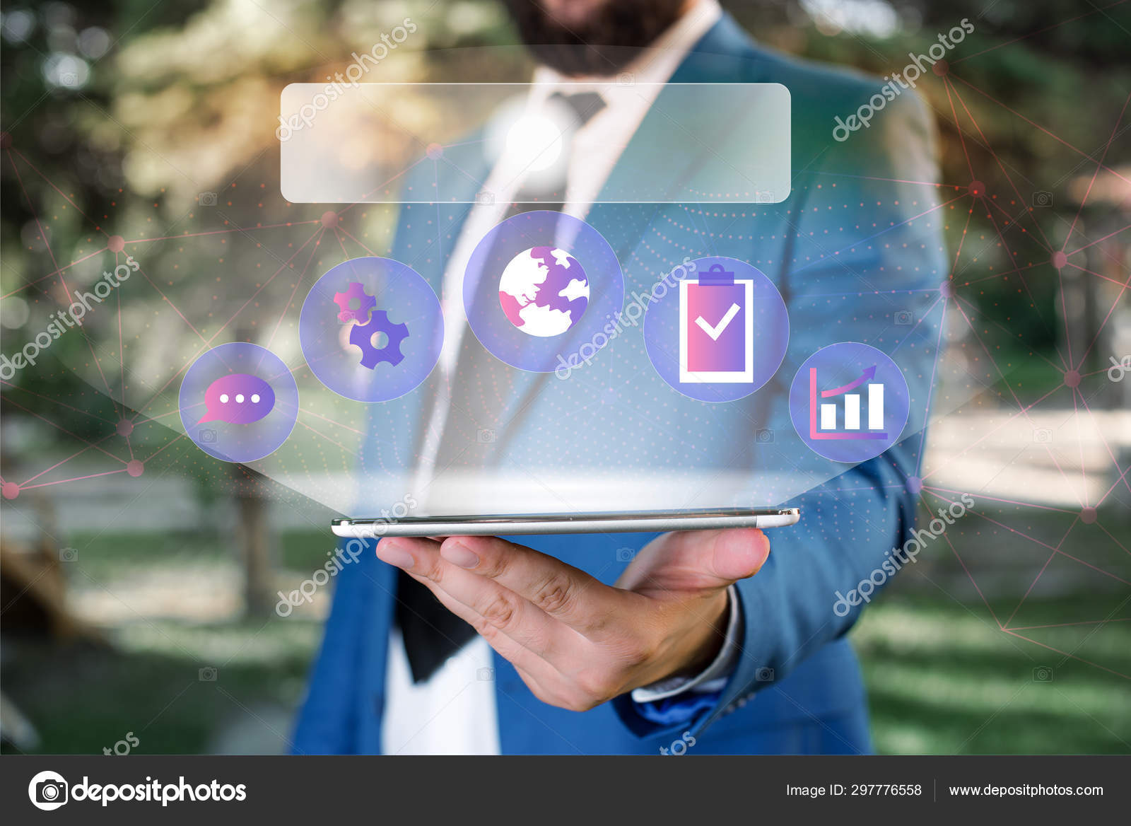 Male human presenting a presentation using the latest sophisticated ...