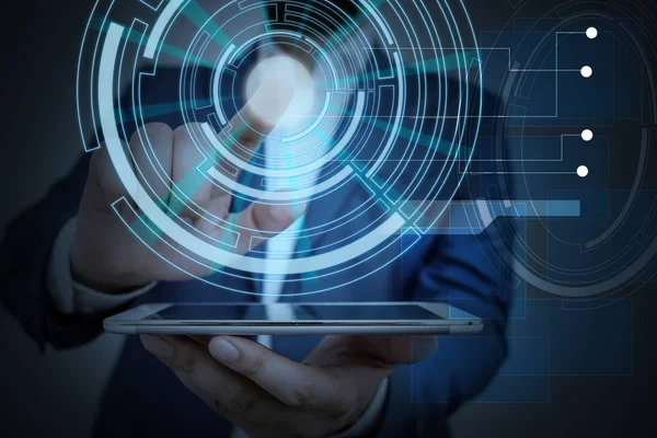 Female human presenting a presentation using the latest sophisticated ...