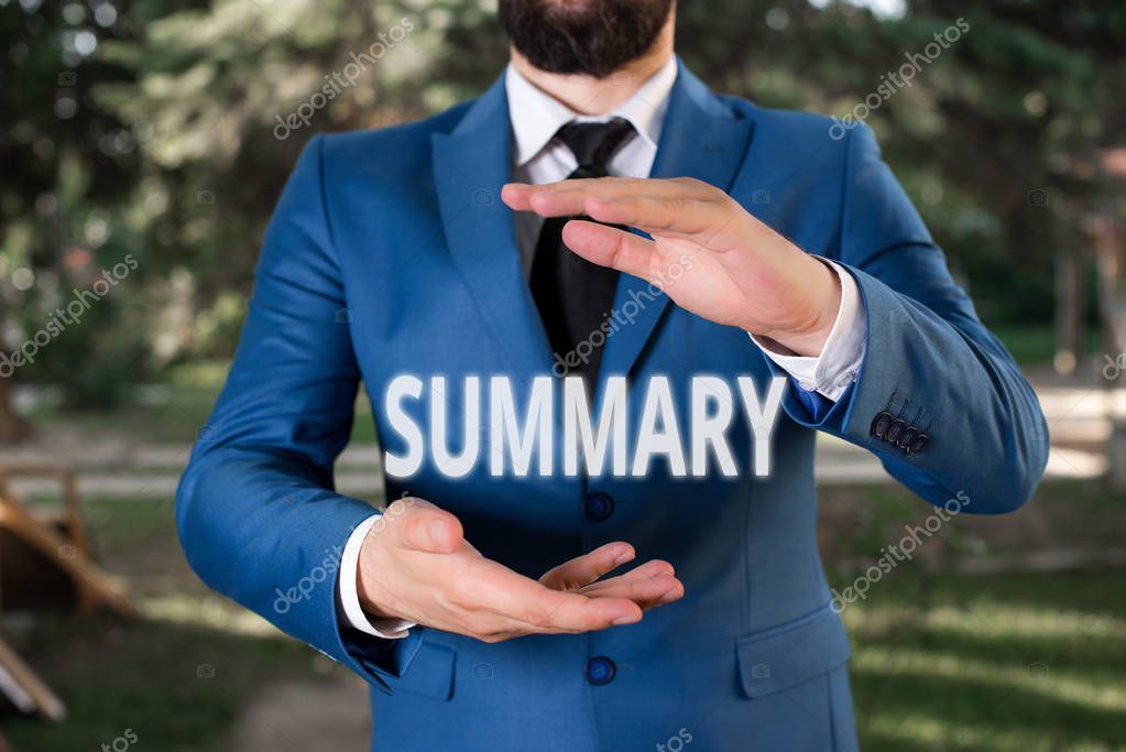 Texto manuscrito Resumen. Concepto que significa una breve declaración ...