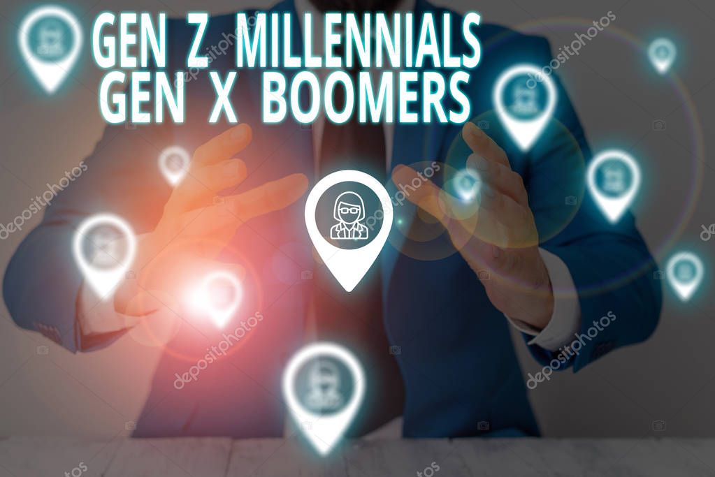 Conceptual hand writing showing Gen Z Millennials Gen X Boomers (en inglés). Foto de negocios ...