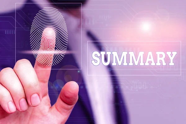 Texto de escritura de palabras Resumen. Concepto de negocio para una breve declaración o ...