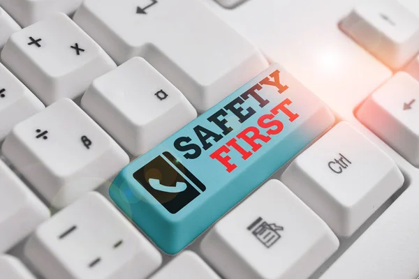 Text sign showing Safety First. Conceptual photo said to mean that it ...