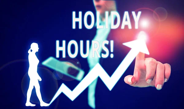 Text sign showing Holiday Hours. Conceptual photo Overtime work on for ...