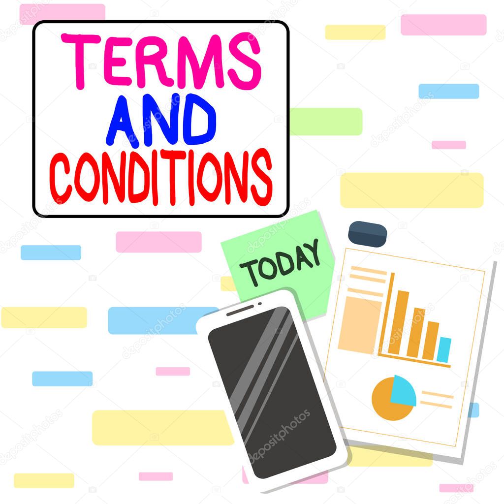 Nota escrita que muestra los Términos y Condiciones. Reglas de presentación de fotos de negocios ...