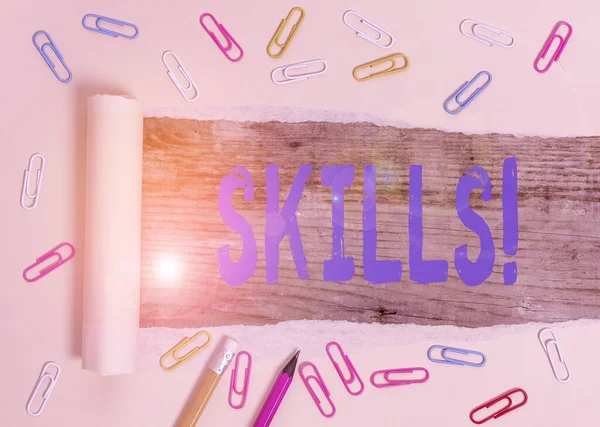 Writing note showing Skills. Business photo showcasing ability do ...