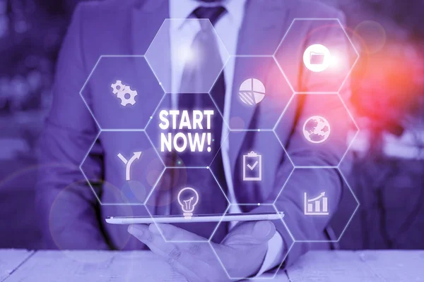 Word writing text Start Now. Business concept for do not hesitate get ...
