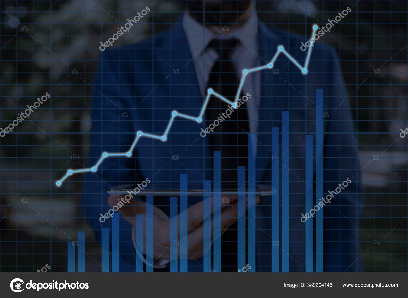 Man Smartphone Illustrating Ascending Trends Performance Bar Graph ...