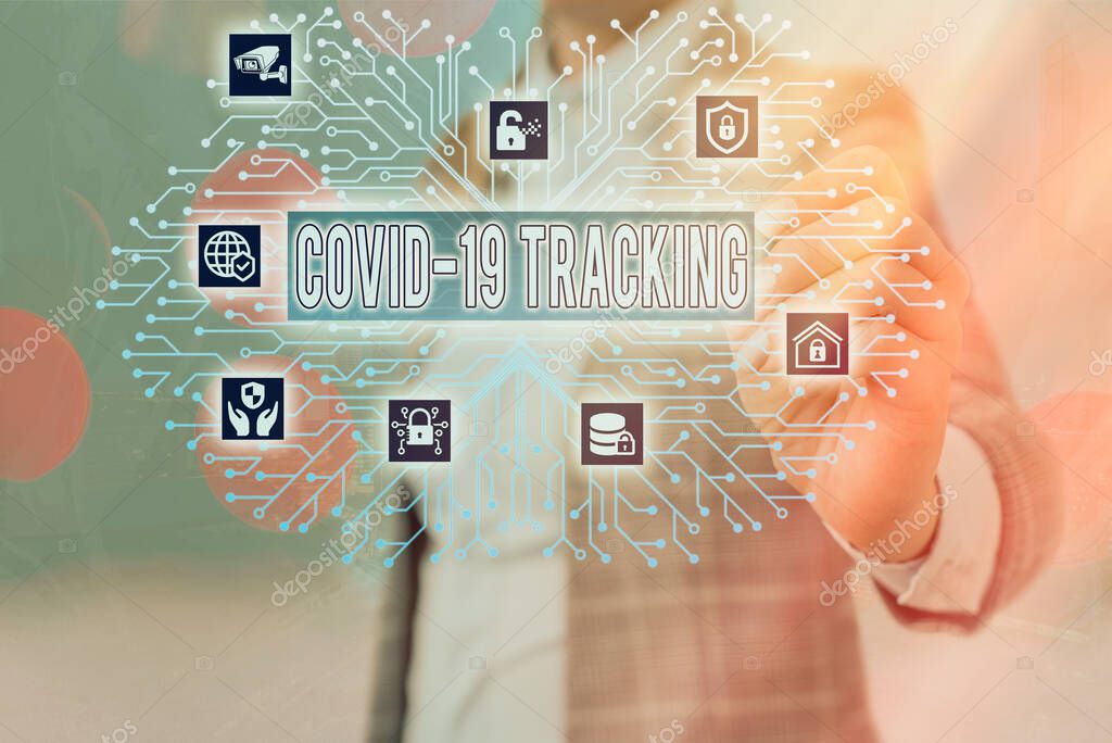 Texto de escritura de palabras Covid 19 Rastreo. Concepto de negocio ...