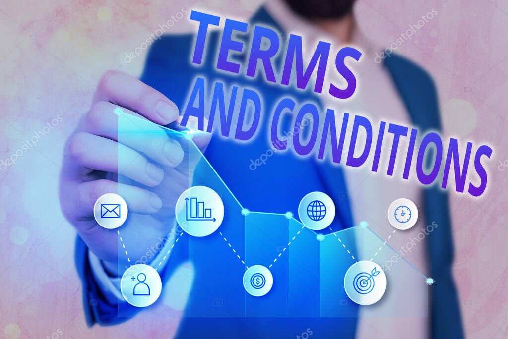 Texto de escritura de palabras Términos y condiciones. Concepto de negocio para reglas que se ...