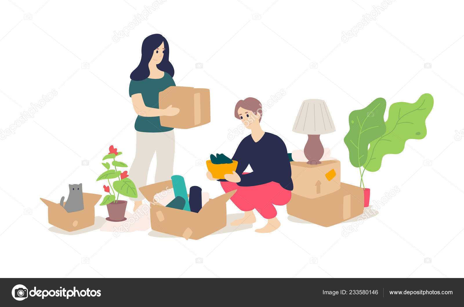 Illustration Girl Young Man Unpacking Household Items Vector Flat ...