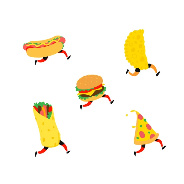 Fast food running cartoon characters hamburger, hot dog, french fries ...