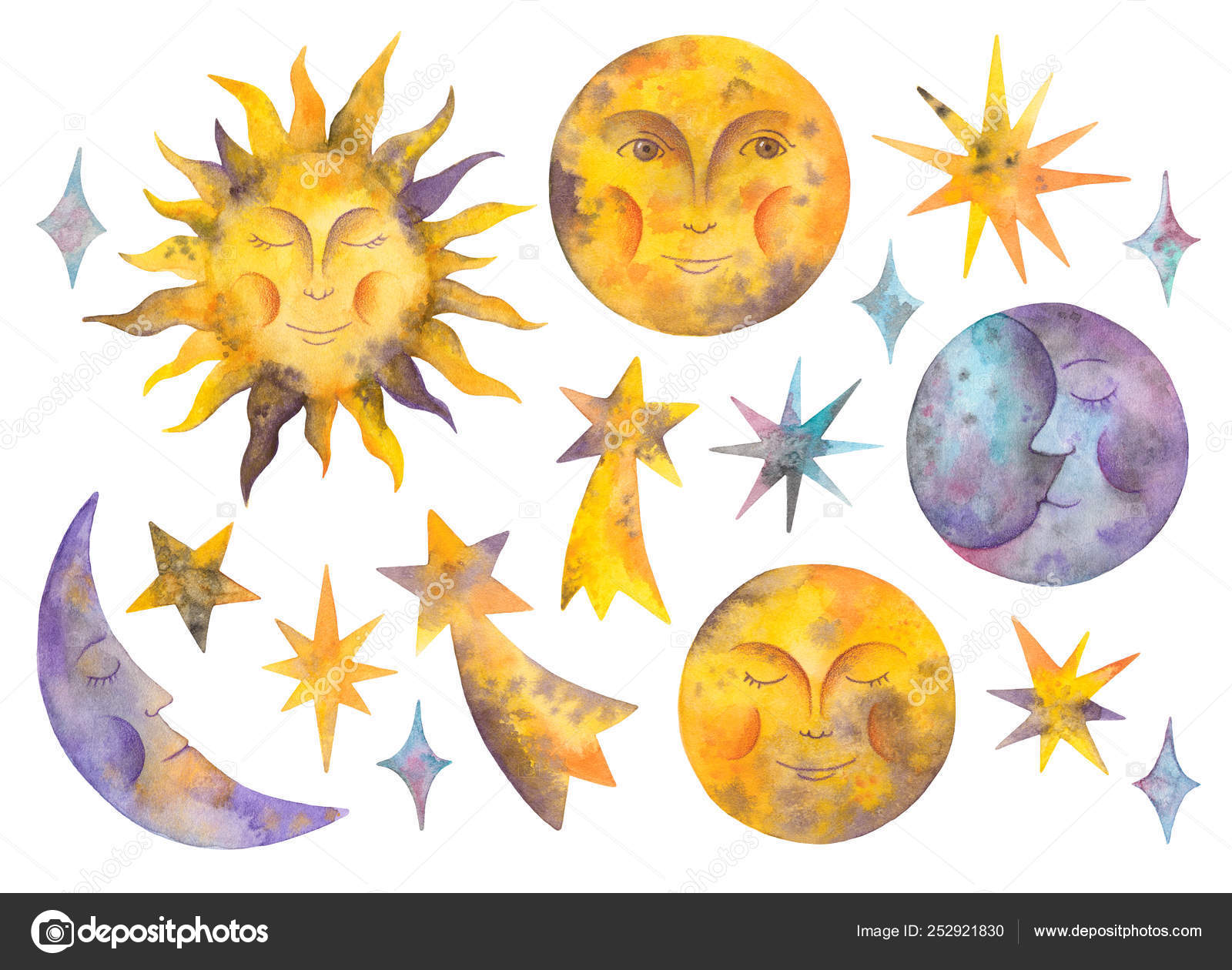 Watercolor Sun Moon Stars Celestial Bodies Isolated Elements White ...