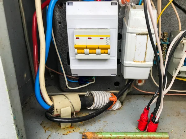 homemade electrical panel. gray meter with energy consumption indicator ...