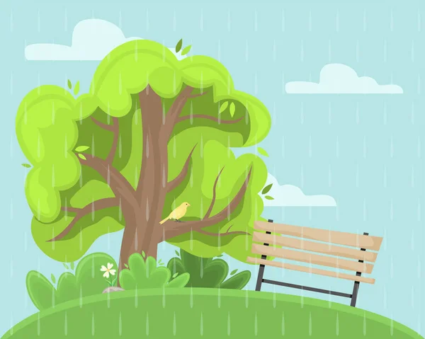 Spring rainy landscape. Alley in the Park with a bench. Cloudy sky ...