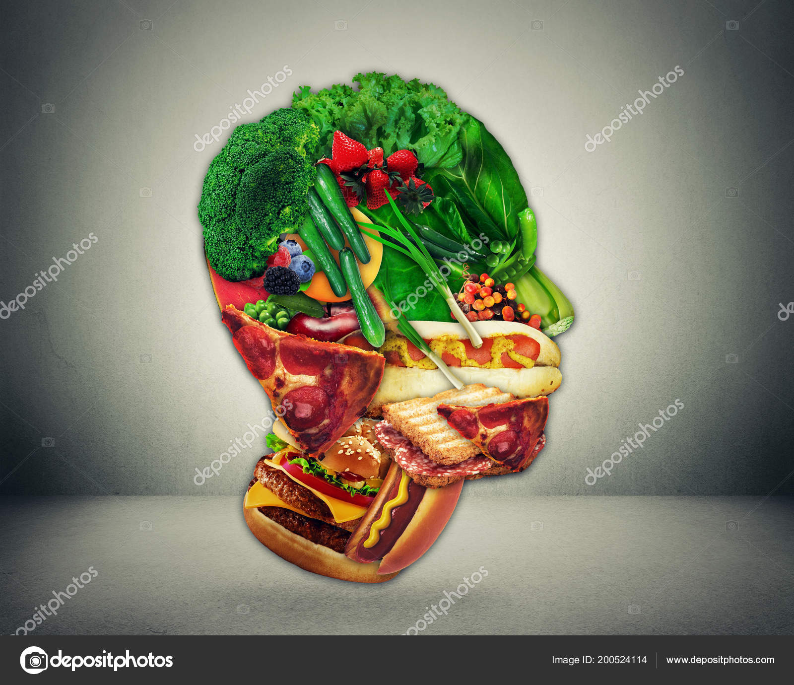 Half Fast Food Vegetables Shaped Man Face Symbol Diet Change — Stock ...