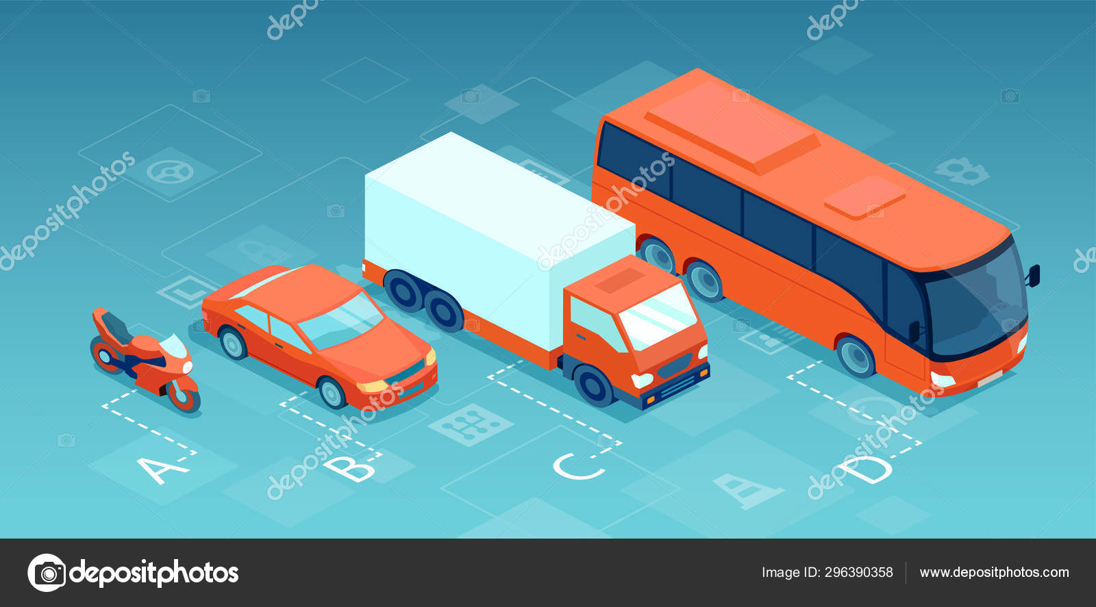 Vector of a motorcycle, car, truck and bus in a row, showing categories ...