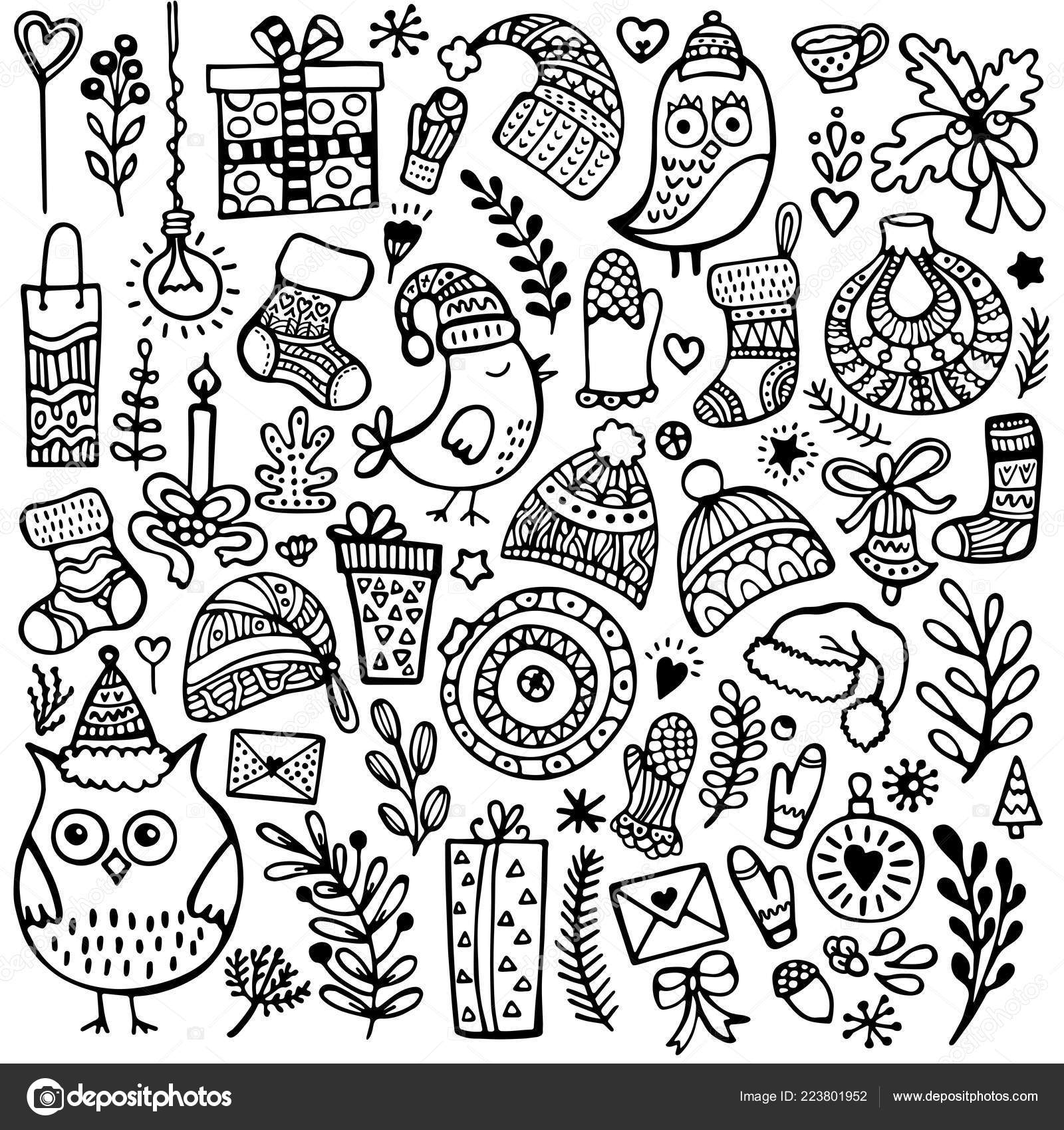 Set Cute Hand Drawn Christmas New Year Winter Elements Isolated Stock ...