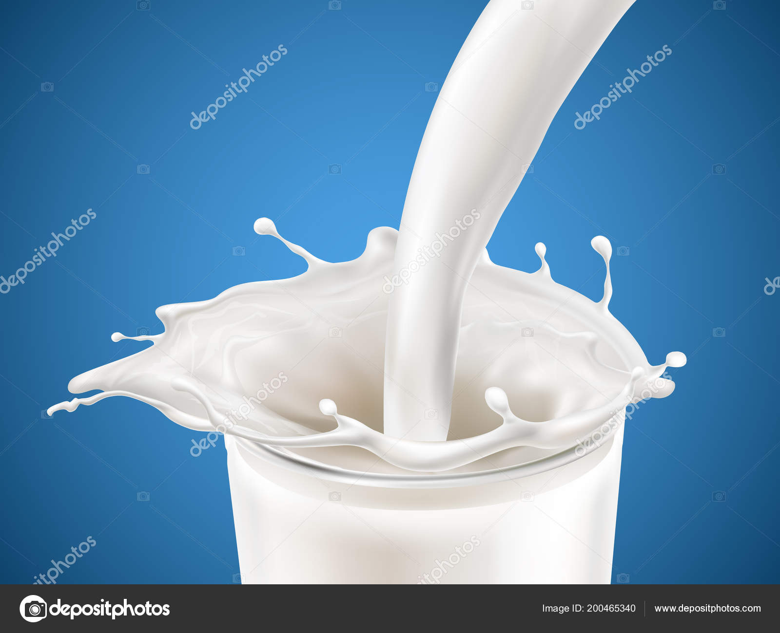 Milk plashing effect with liquid pouring down in glass cup isolated on ...