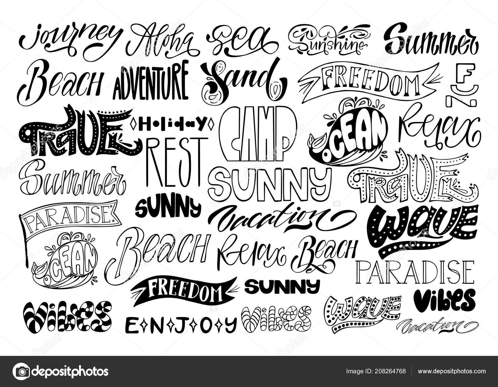 Vector set, lettering calligraphy. Wave, happy, holiday, beach, rest ...