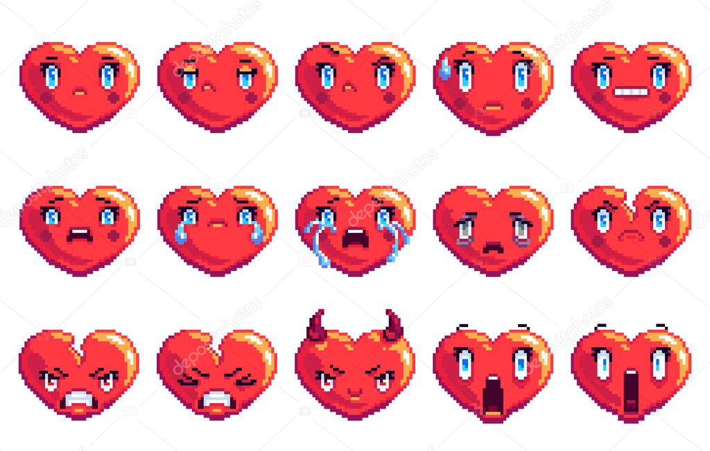 Colección de 15 emociones negativas en forma de corazón pixel art emoji ...
