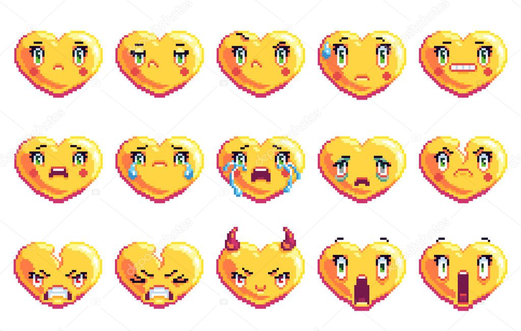 Colección de 15 emociones negativas en forma de corazón pixel art emoji ...
