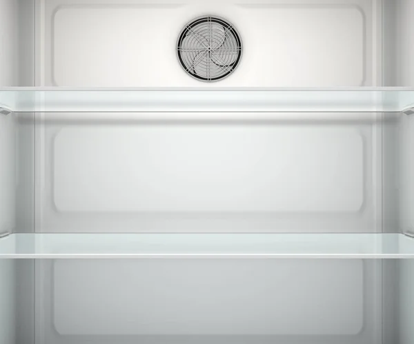 A view inside an empty household fridge or freezer with glass shelves ...