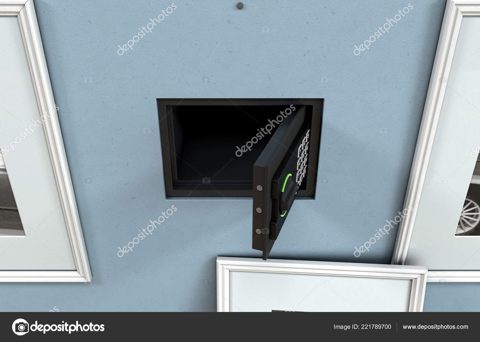 Open Hidden Wall Safe Revealed Hanging Framed Picture Flat Blue — Stock ...