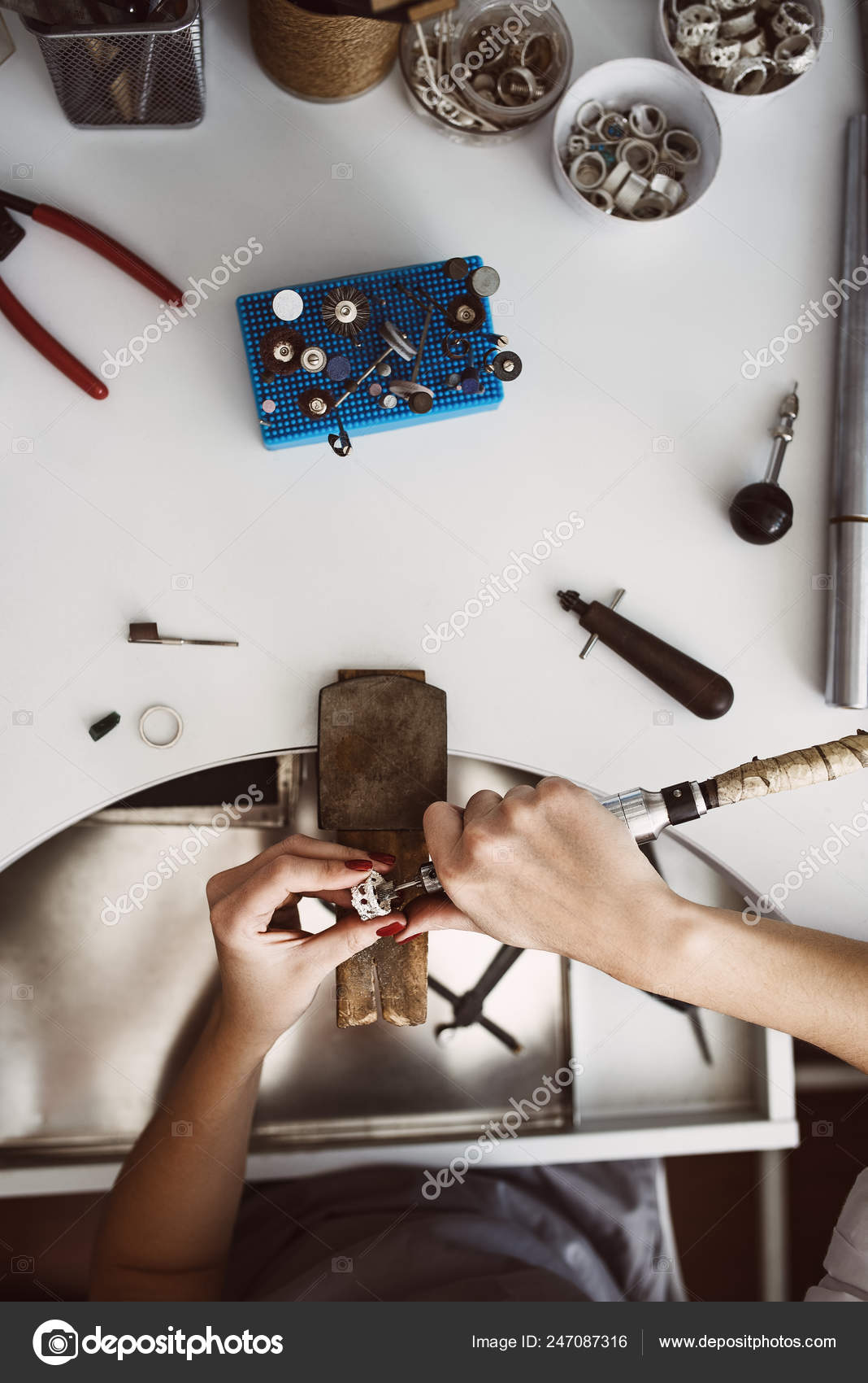 Jewelers workplace. Top view of jewelers workbenche with different ...