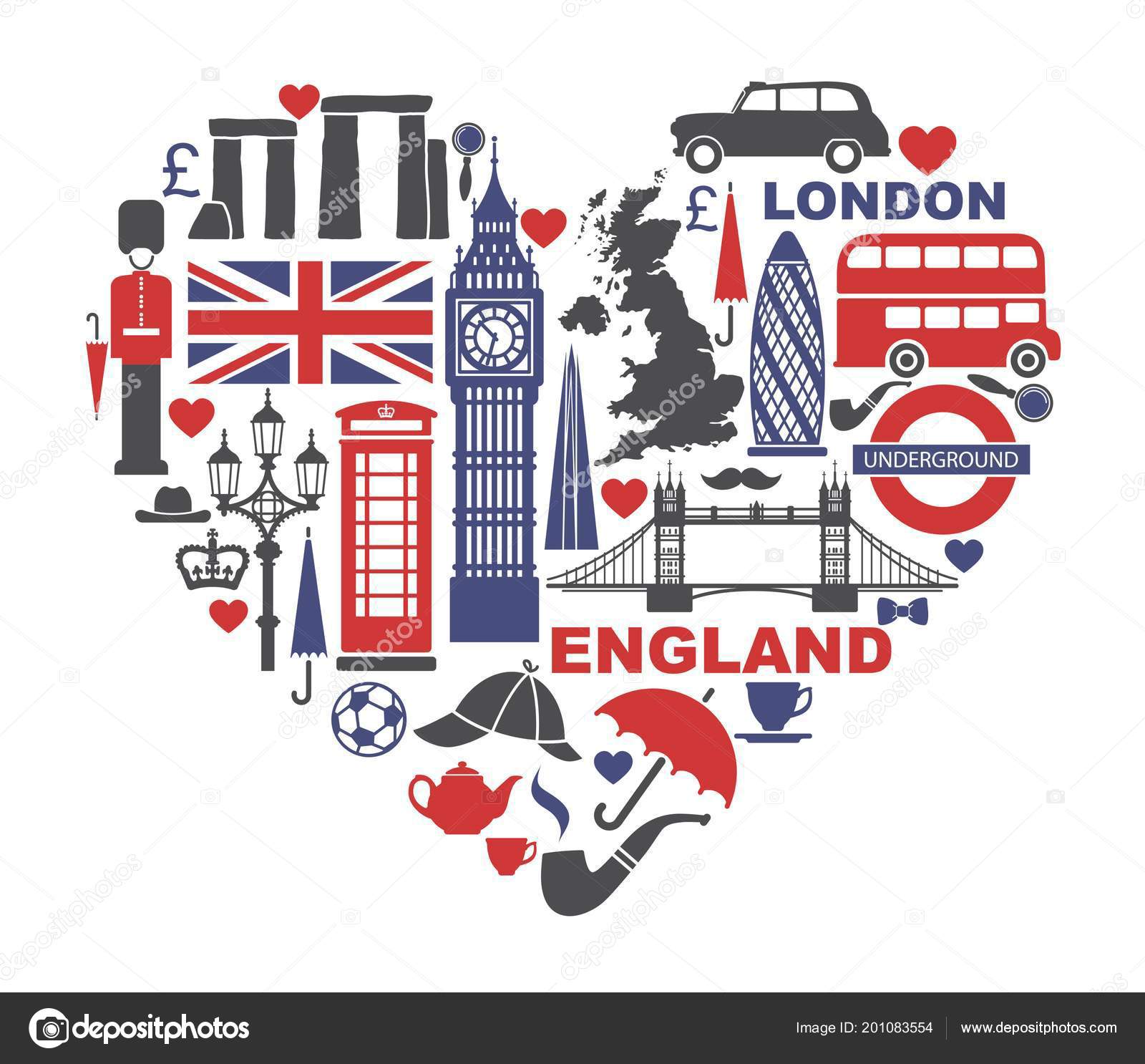 England London Collection Flat Icons Form Heart Vector Illustration ...