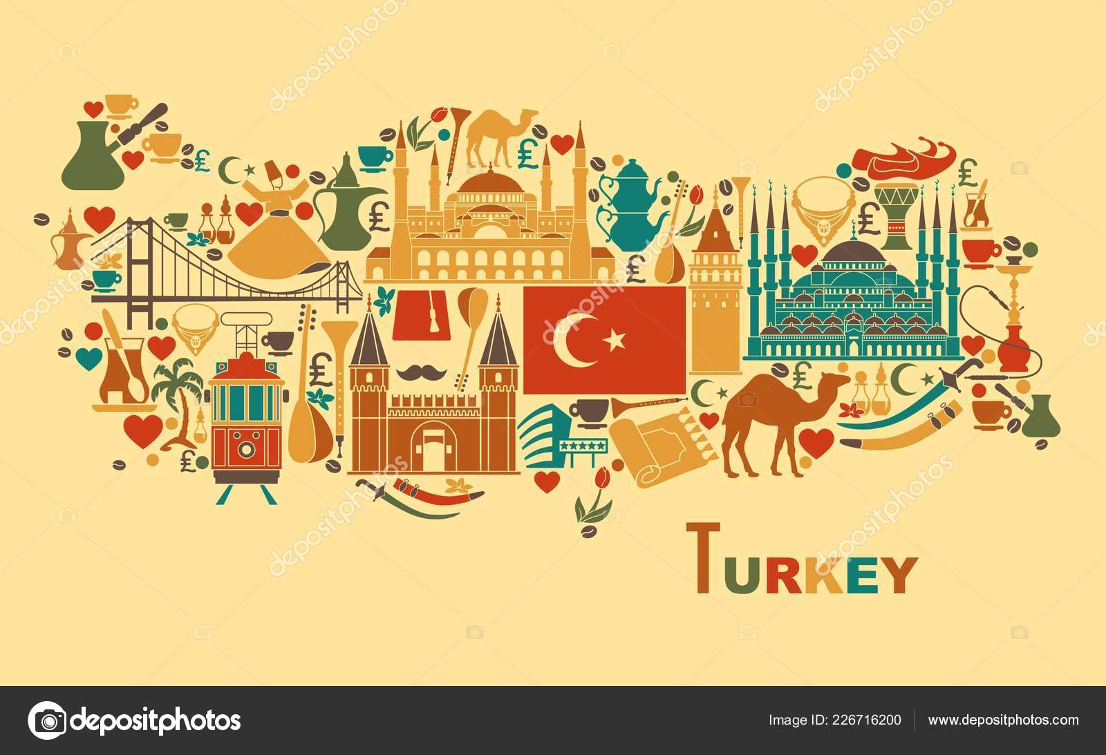 Traditional tourist symbols of Turkey in the form of map Stock Vector ...