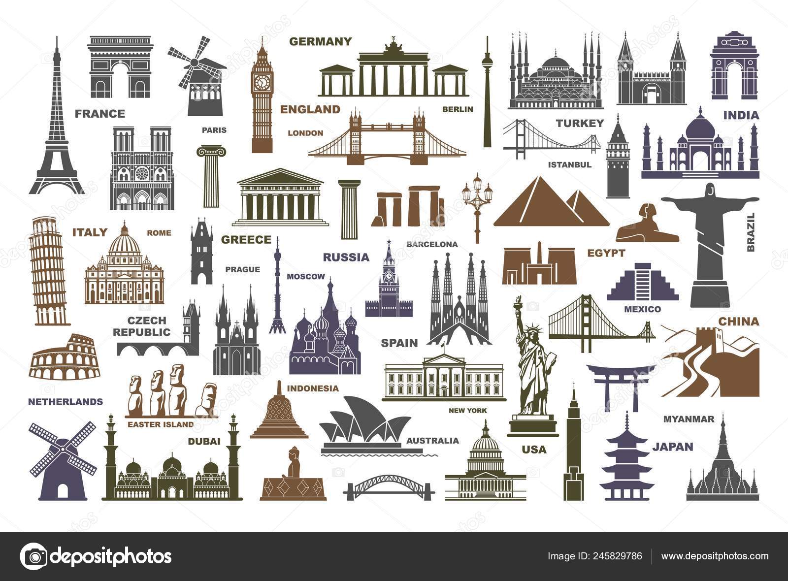 Icons world tourist attractions and architectural landmarks Stock ...