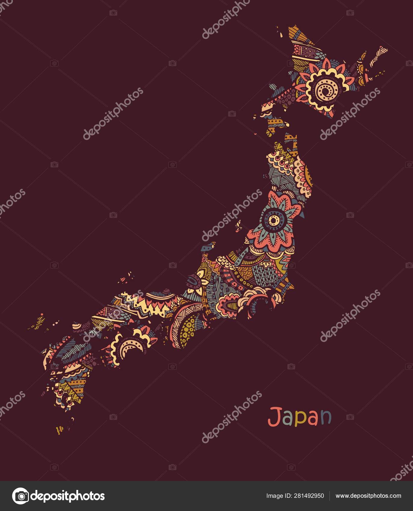 Textured vector Map Of Japan. Illustration in hand drawing doodle style ...