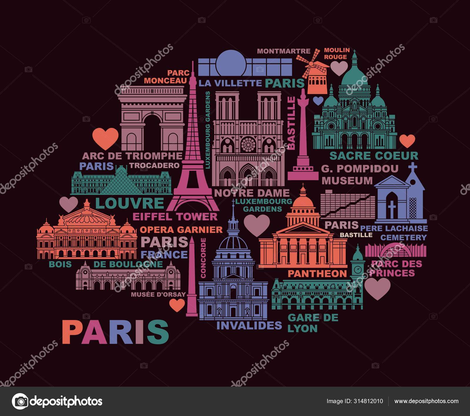 Mapa estilizado vectorial de París con monumentos y símbolos de Francia ...