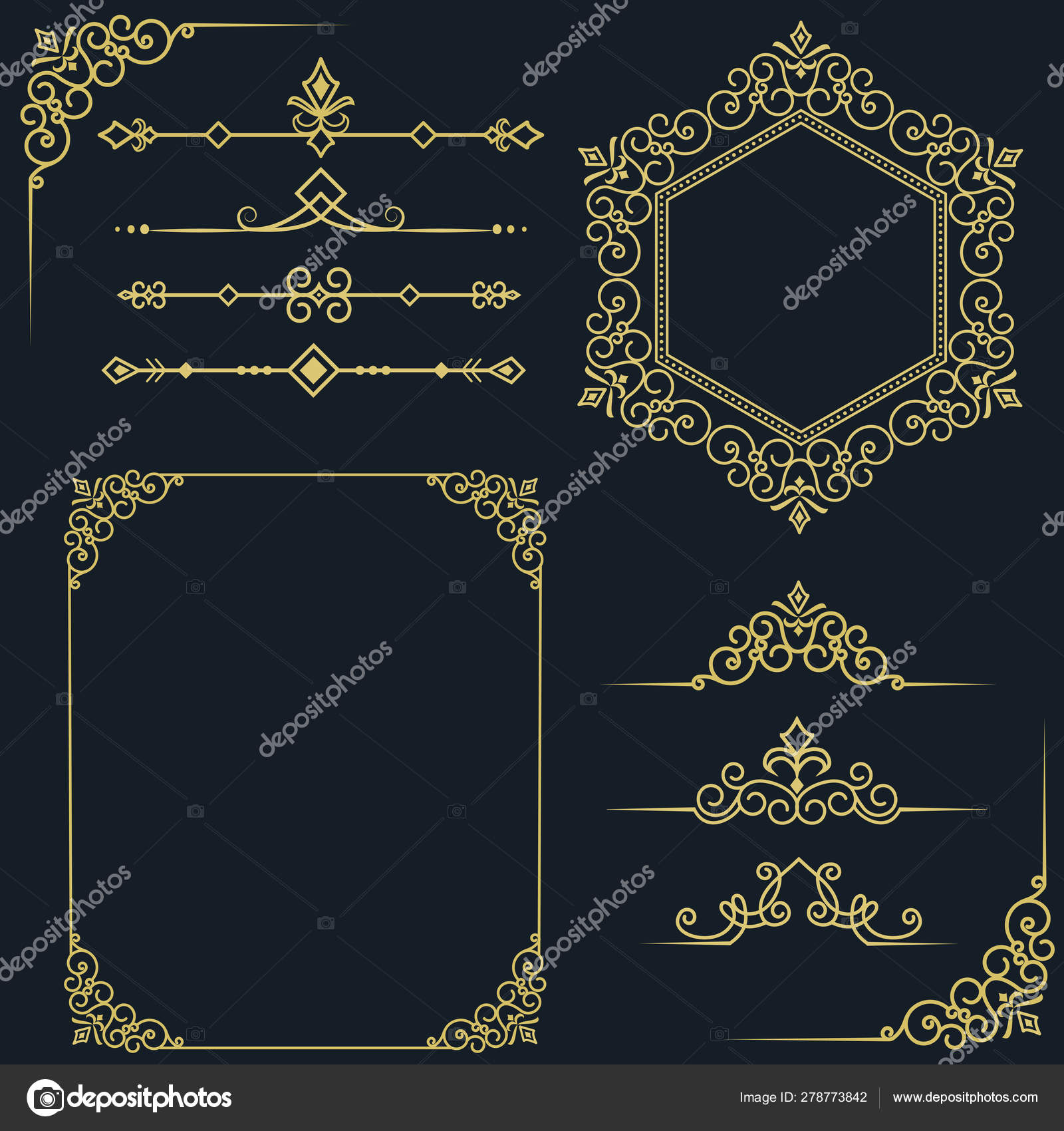 Set Stylish Golden Frame Elements Black Background Stock Vector Image ...