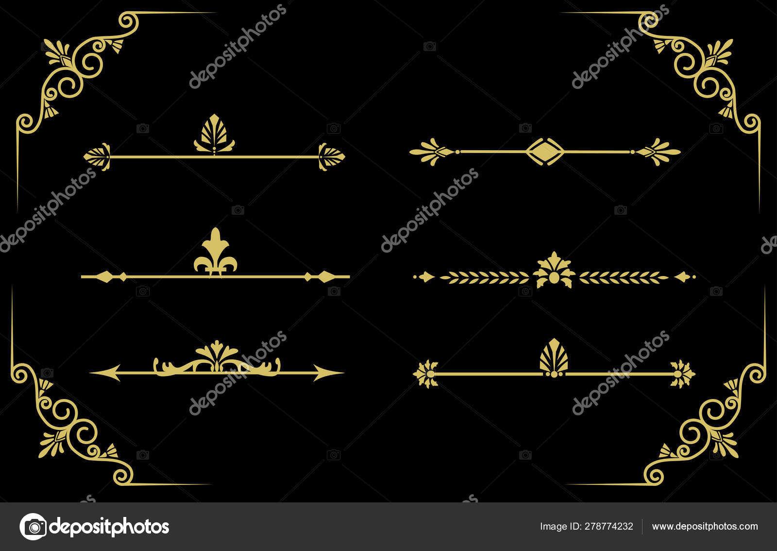 Set Stylish Golden Frame Elements Black Background Stock Vector Image ...