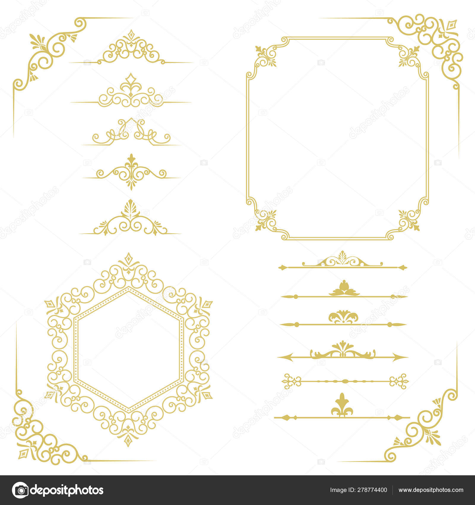Set Stylish Golden Frame Elements White Background Stock Vector Image ...