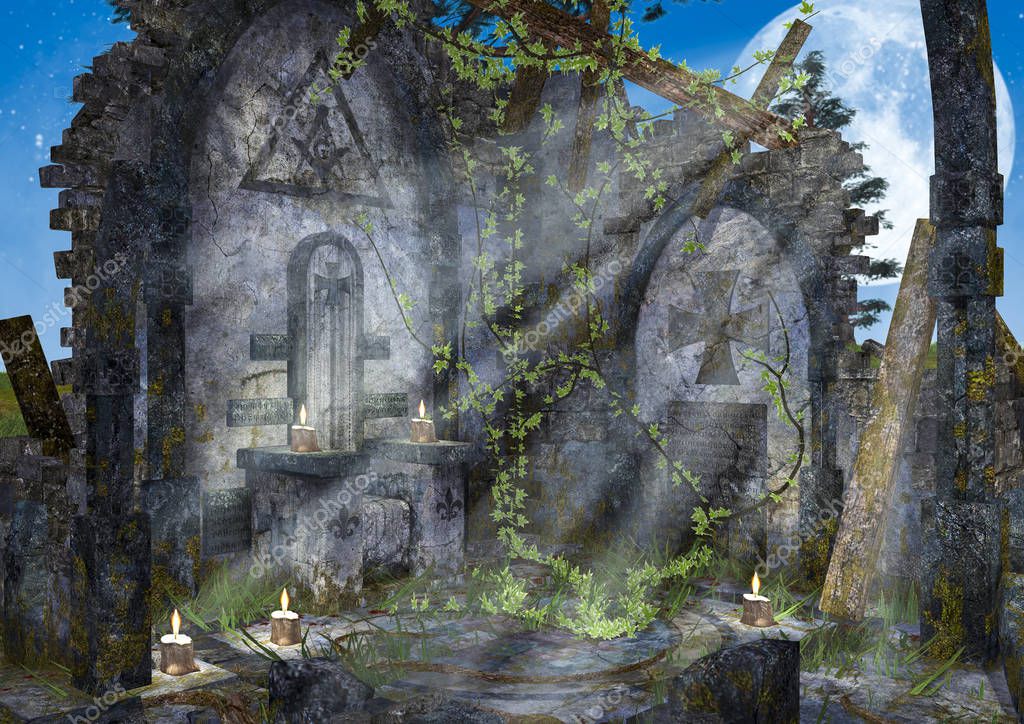 Las ruinas de un templo masónico iluminado por la luna llena. 2024