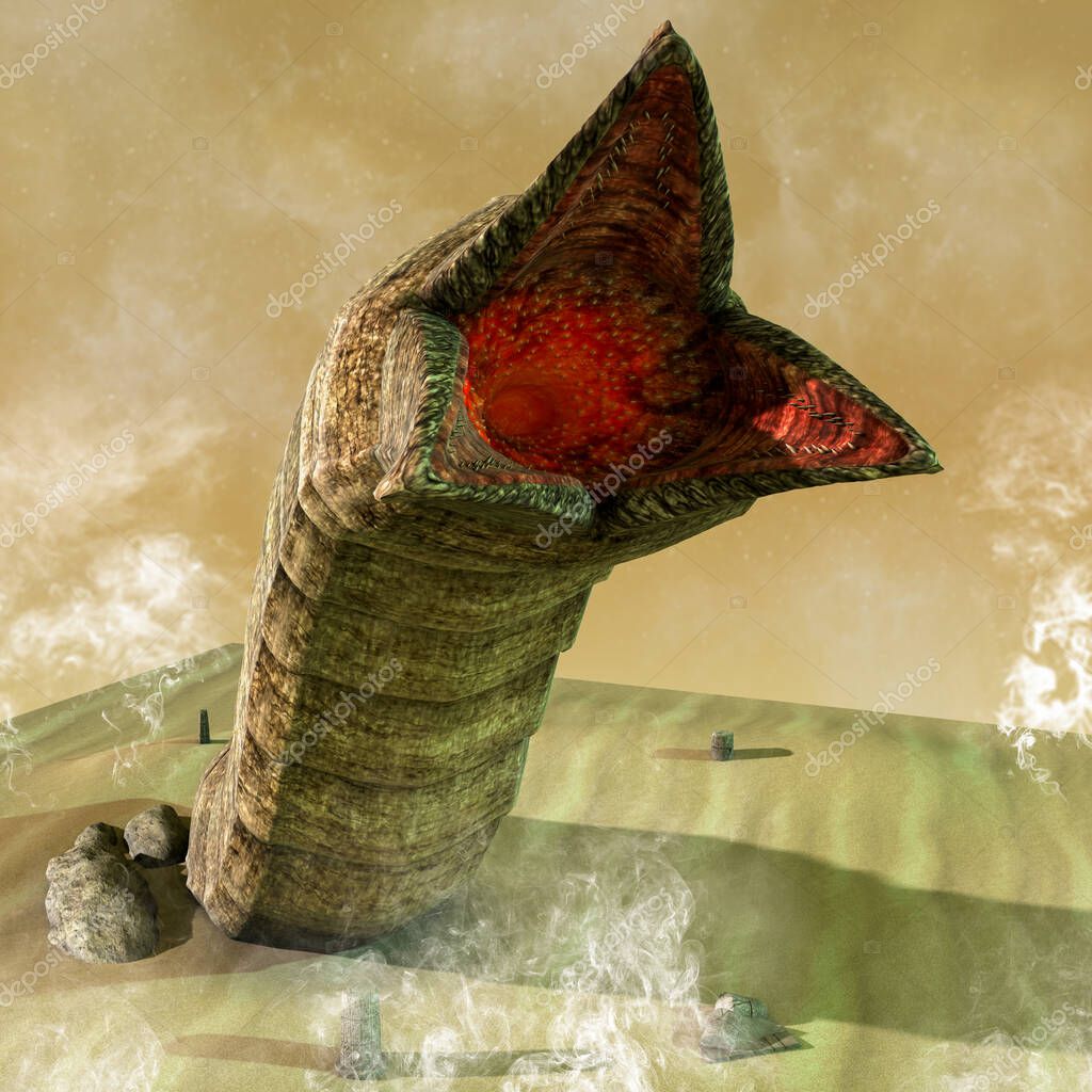 Monstruo gusano gigante en un desierto con columnas, piedras y humo. 2022