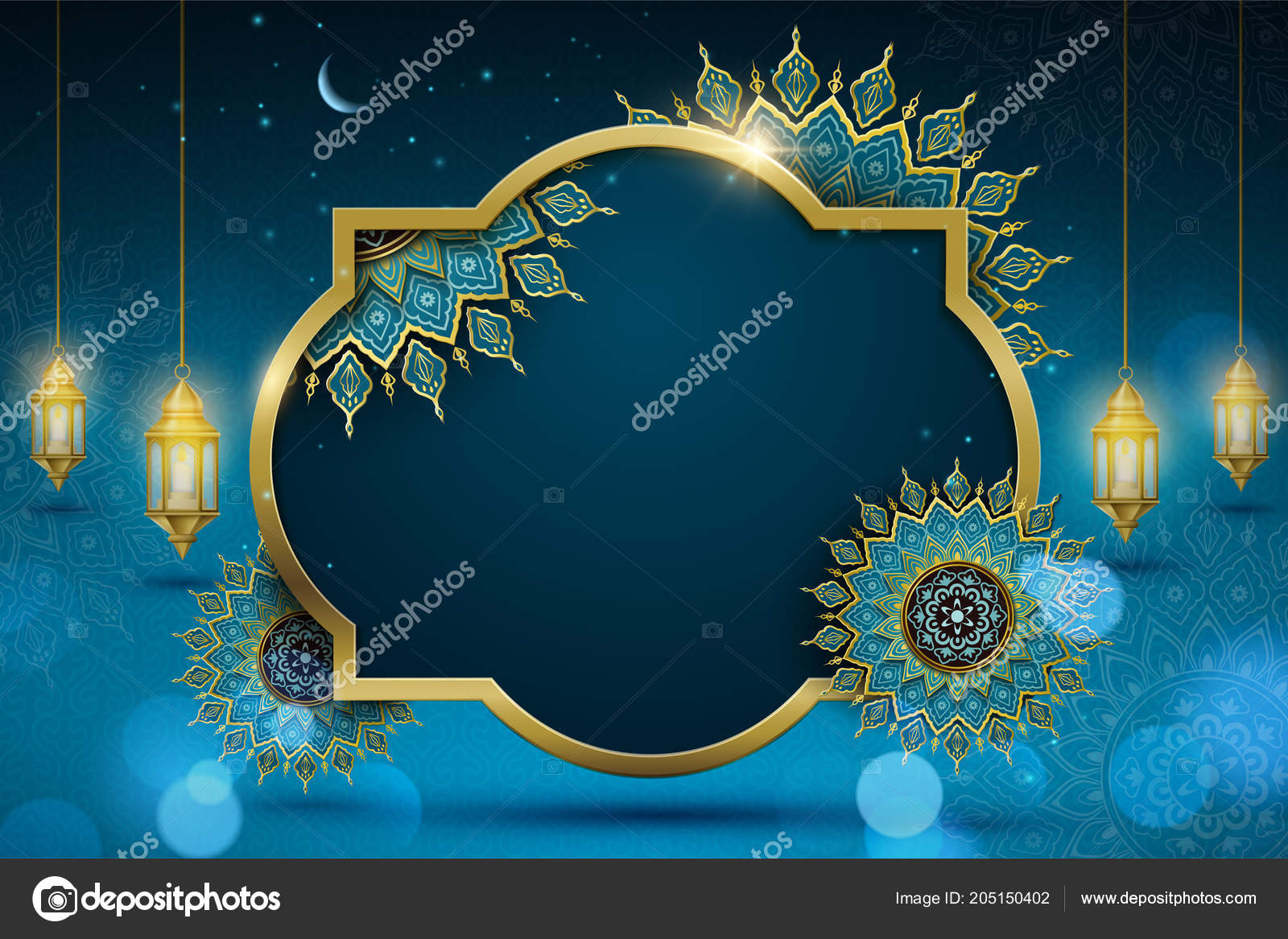 Islamic Holiday Design Elegant Arabesque Flowers Hanging Lanterns Blue ...