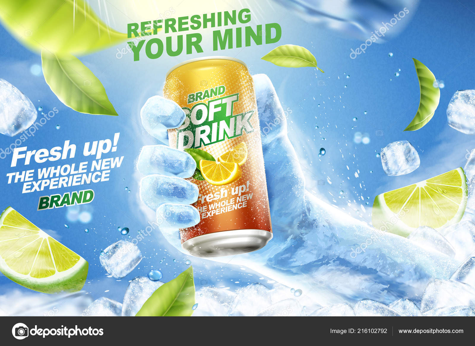 Refreshing Soft Drink Ads Ice Hand Grabbing Beverage Can Illustration ...