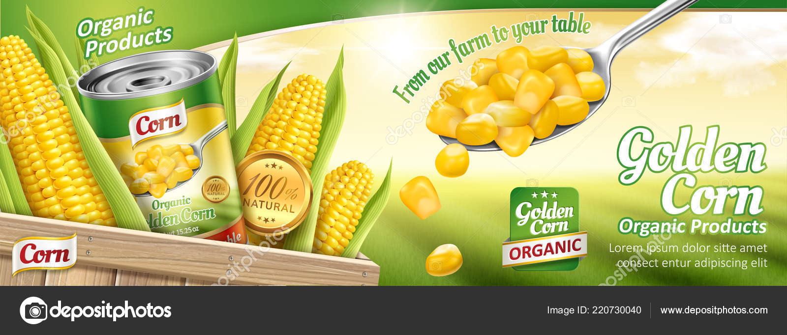 Organic Canned Corn Banner Ads Delicious Maize Illustration Stock ...