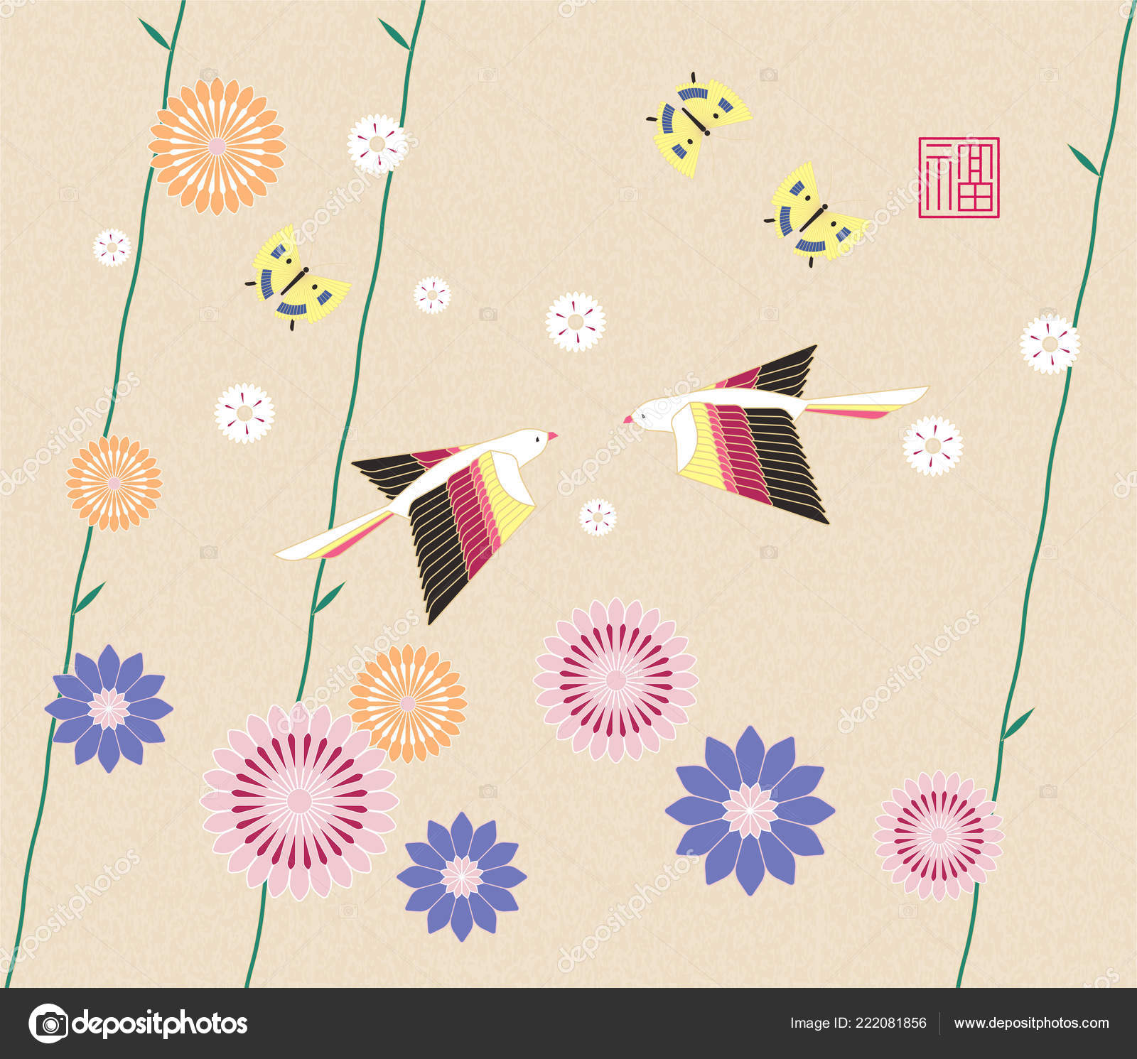 Flying Birds Korea Color Tone Flowers Stock Vector Image by ©MITstudio ...