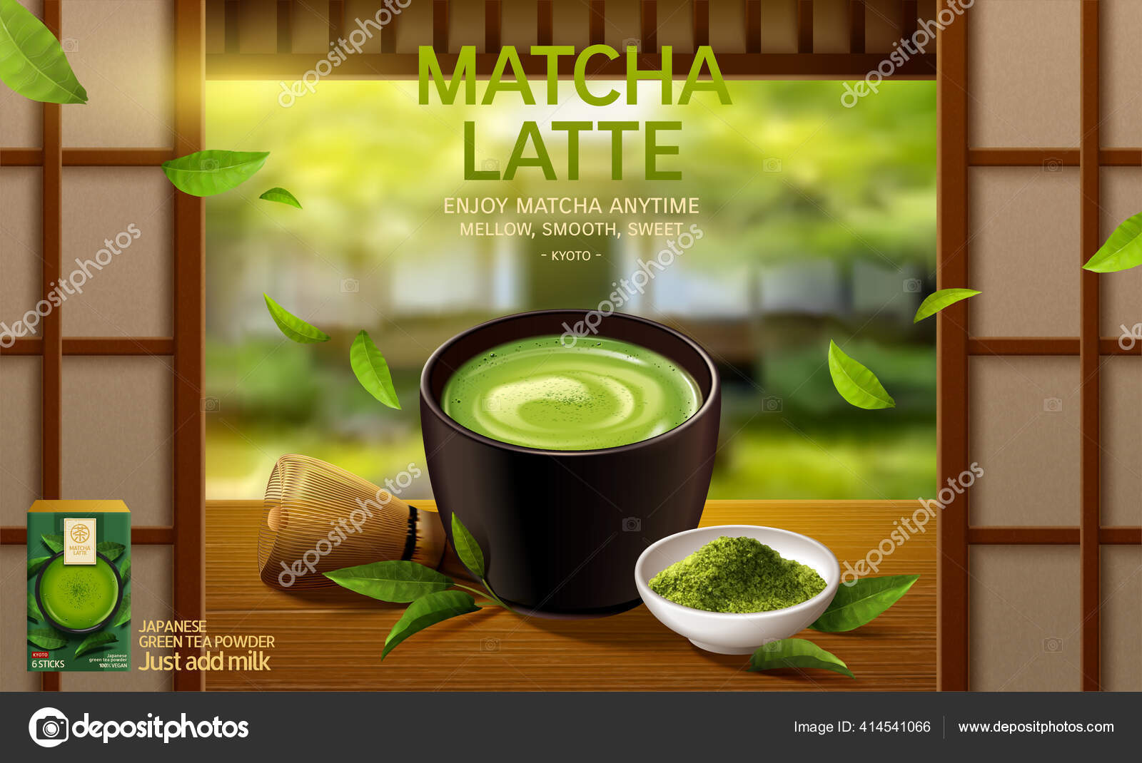 Japan Matcha Latte Illustration Matcha Cup Set Japanese Wooden Floor ...