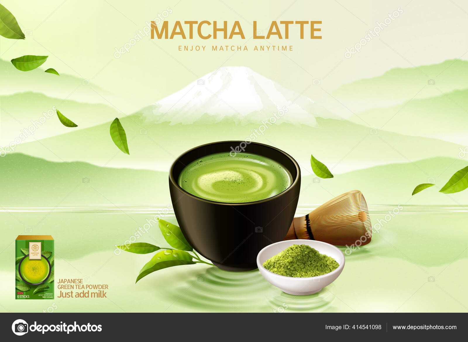 Japan Matcha Latte Illustration Matcha Cup Set Japanese Mountain ...