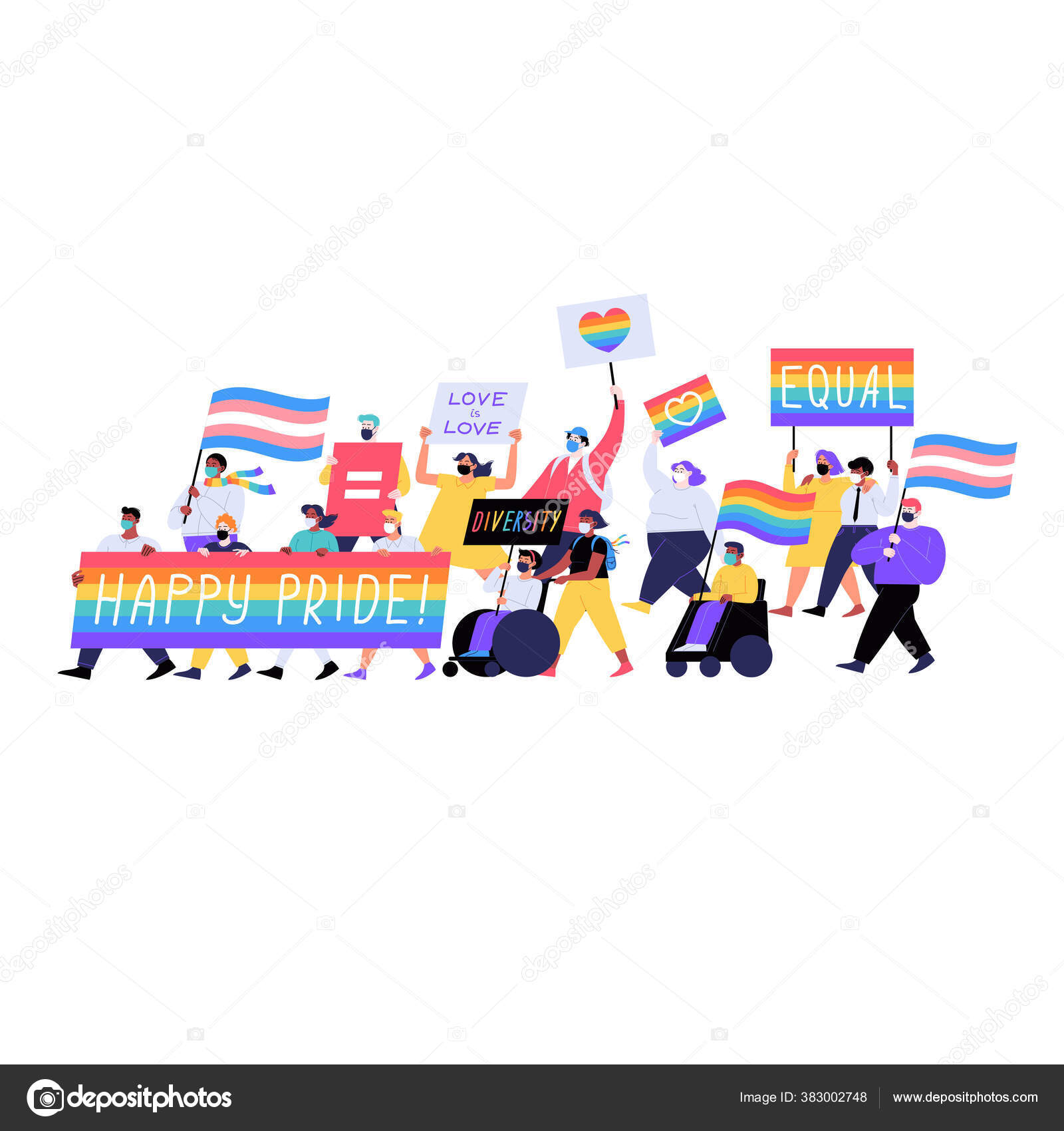 Different people wearing face masks marching on the pride parade ...