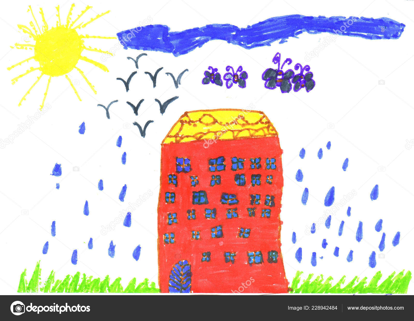 Children Drawing House Rain Stock Illustration by ©cloudsman #228942484