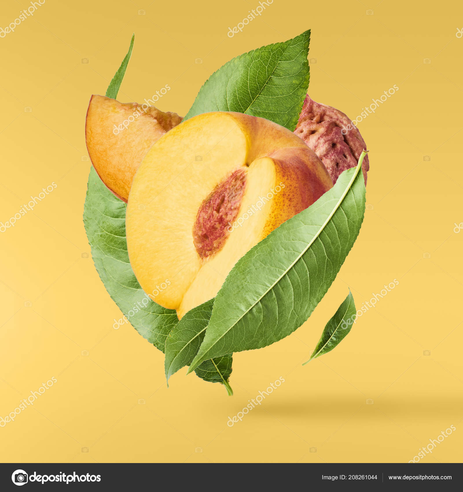 Flying Fresh Ripe Peach Green Leaves Isolated Yellow Background Concept ...