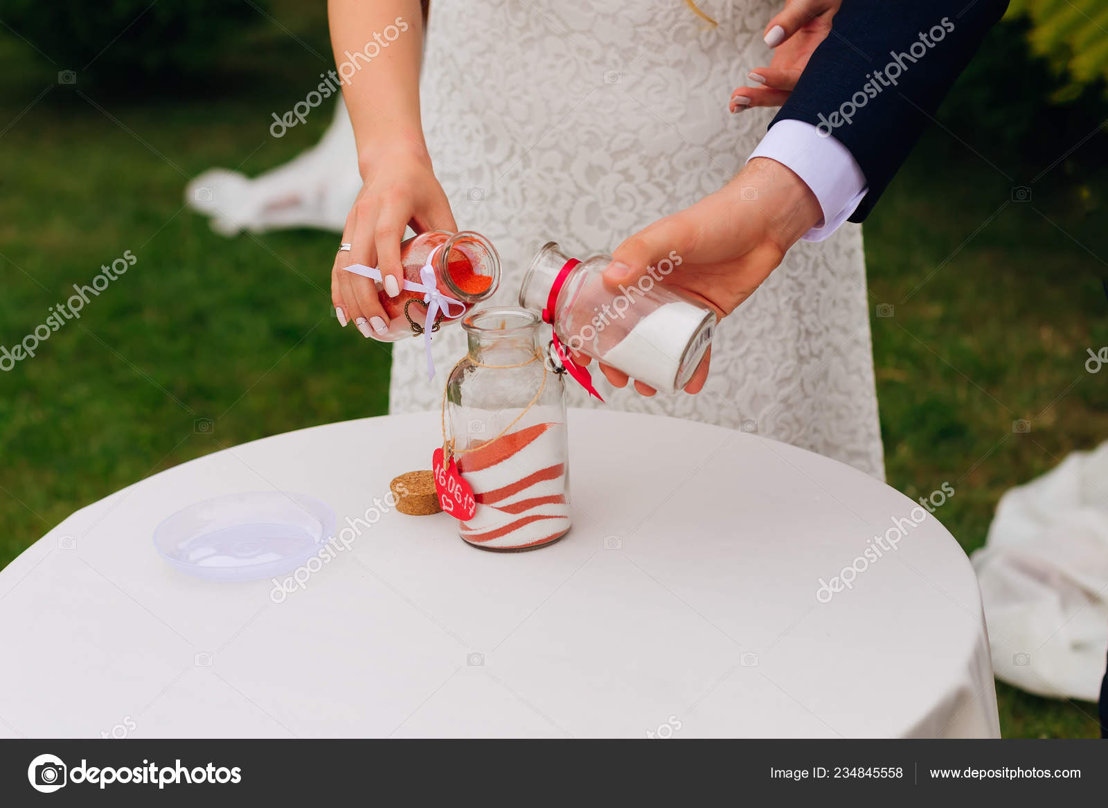 Newlyweds Together Pour White Red Sand Unity Vase Stock Photo by ...