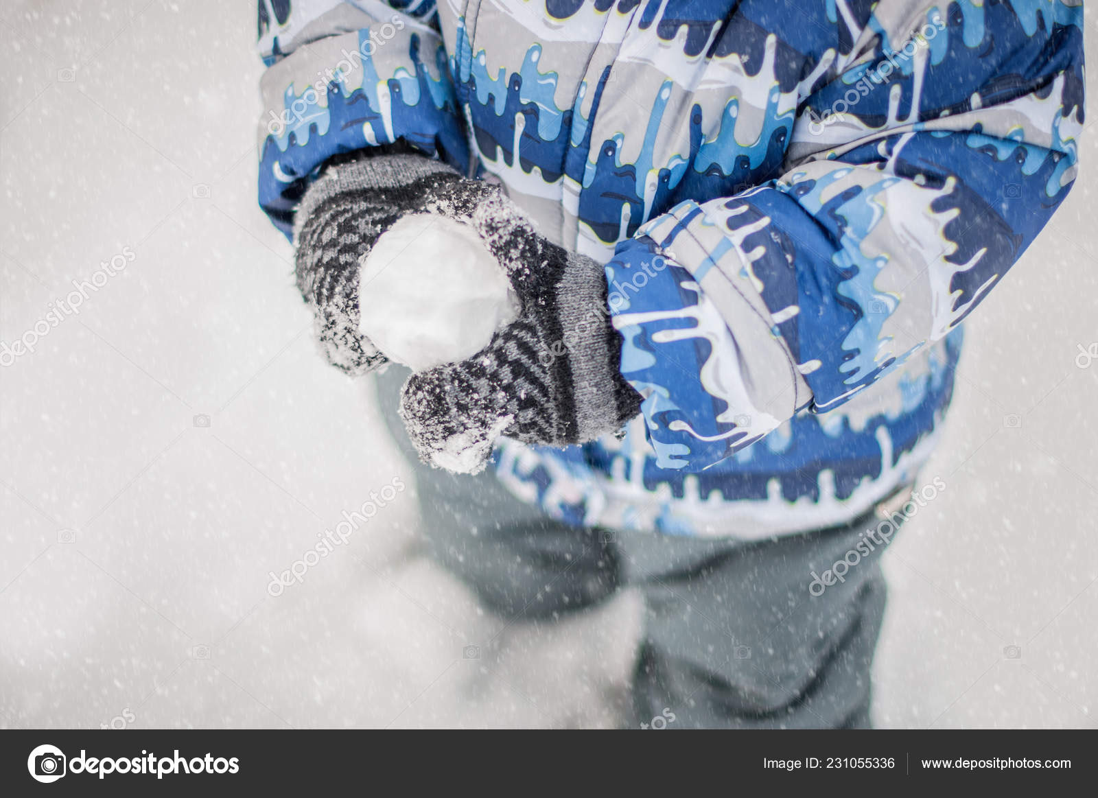 Year Old Boy Snowy Day Playing Snowballs Hands Mittens Hold — Stock ...
